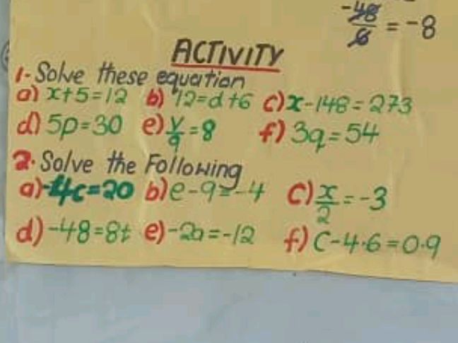 1. Solve these equation a) $x+5=12$ b) | StudyX