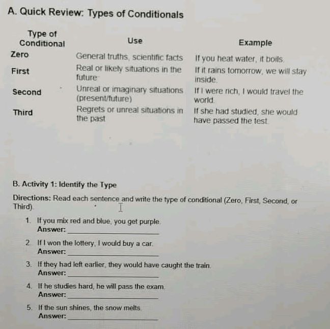 A. Quick Review: Types of Conditionals | | StudyX