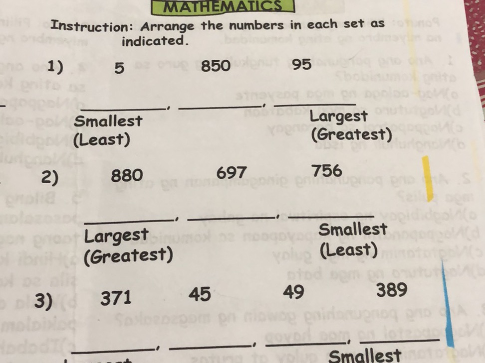 Instruction: Arrange the numbers in each set | StudyX