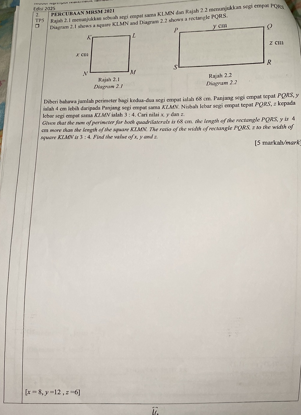 Rajah 2.1 menunjukkan sebuah segi empat sama | StudyX
