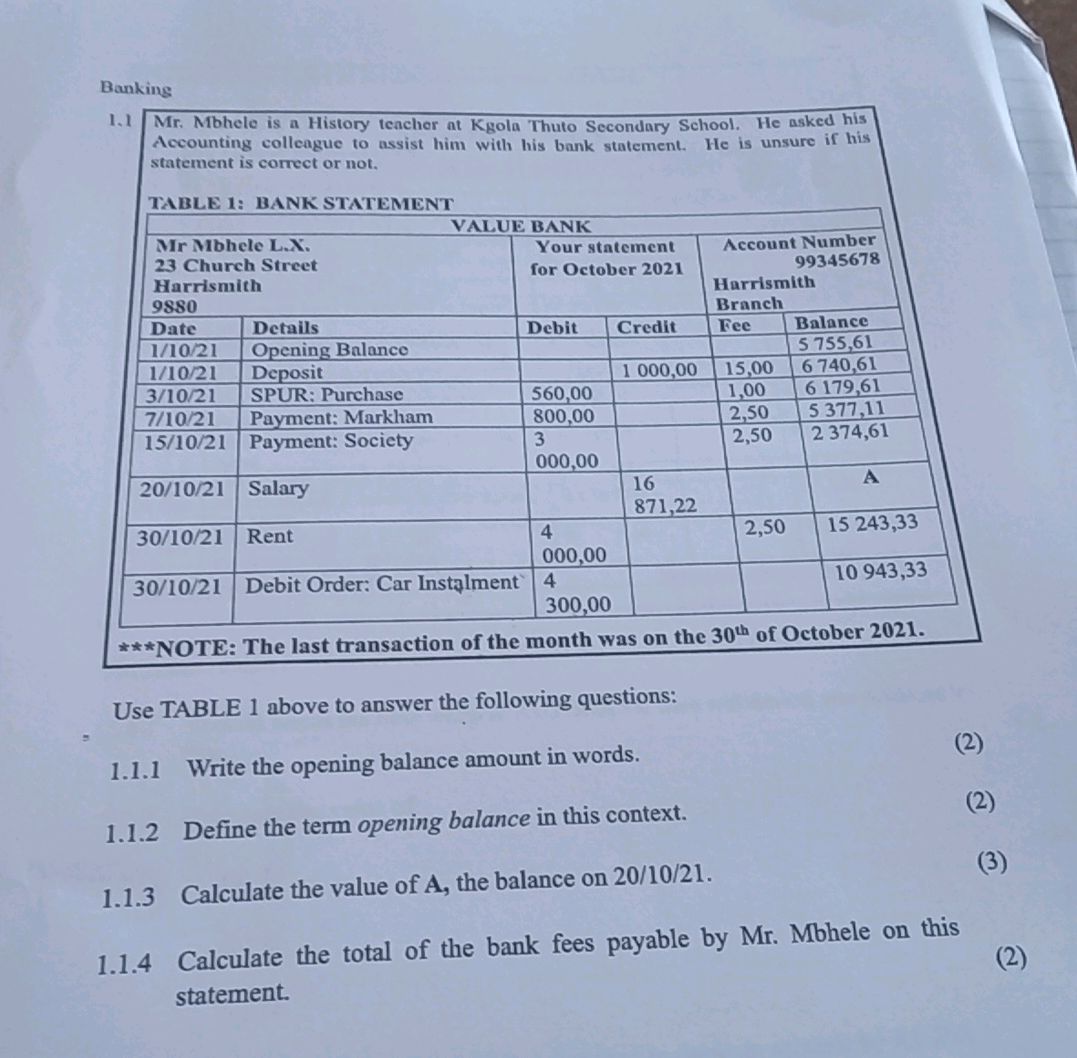 TABLE 1: BANK STATEMENT | Date | Details | | StudyX