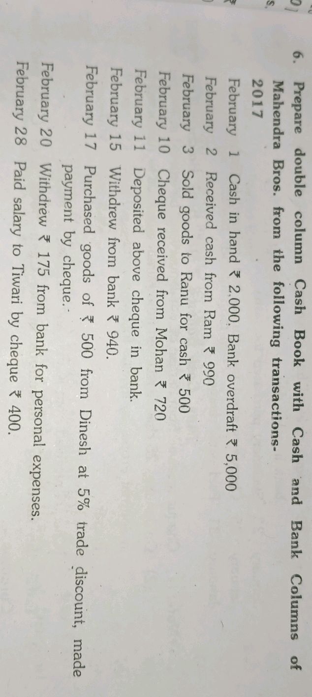 6. Prepare double column Cash Book with Cash | StudyX