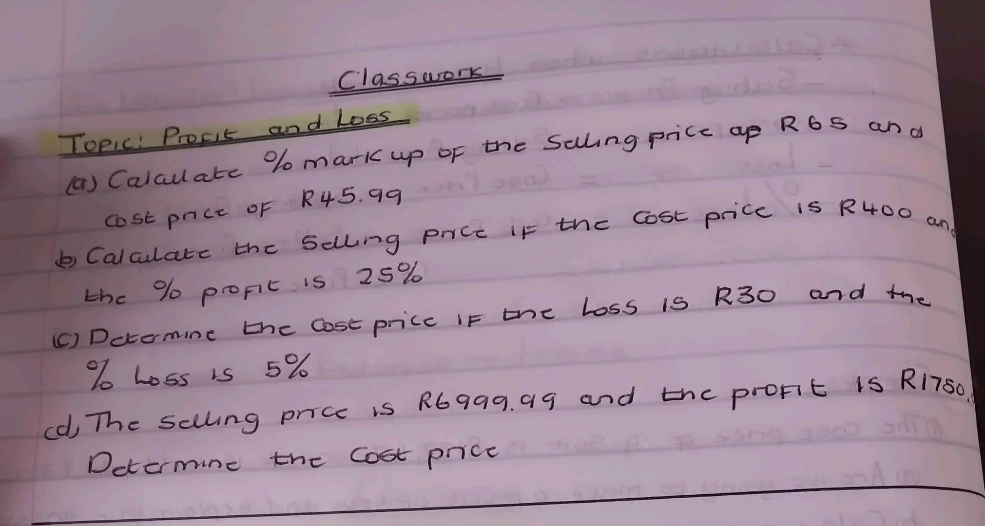 (a) Calculate % mark up of the Selling price