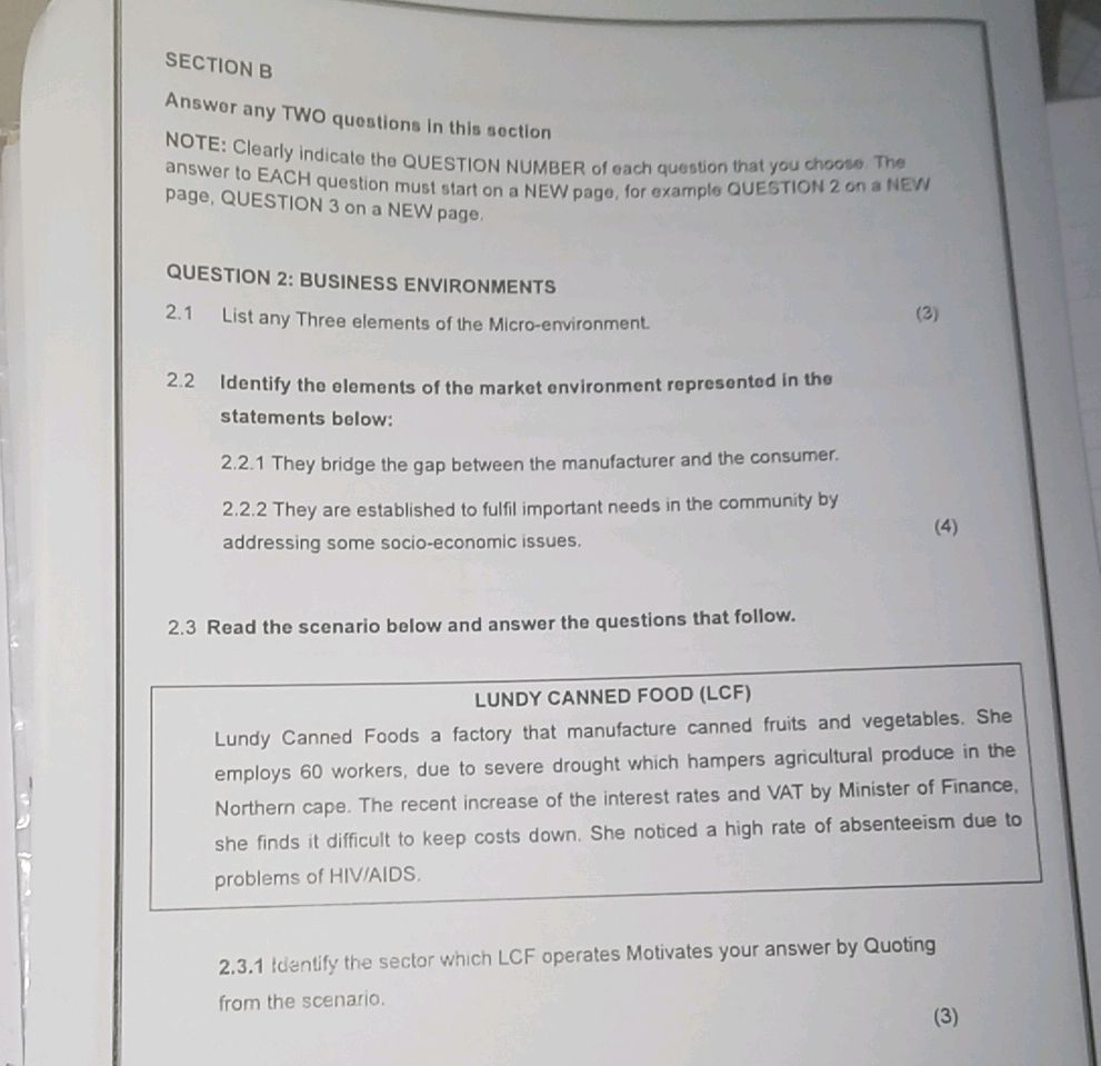 QUESTION 2: BUSINESS ENVIRONMENTS 2.1 List | StudyX