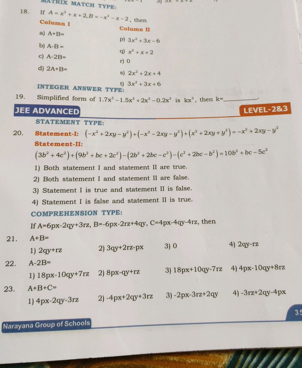 MATRIX MATCH TYPE: If $A = x^2 + x + 2, B = | StudyX