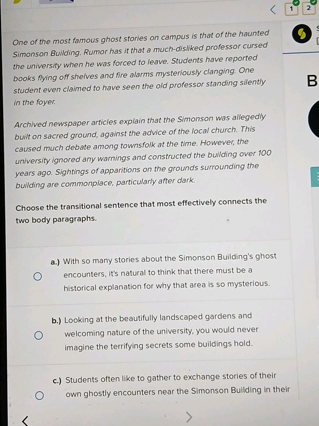 Choose the transitional sentence that most | StudyX