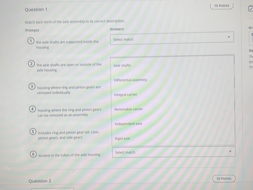Question 1 Match each term of the axle | StudyX