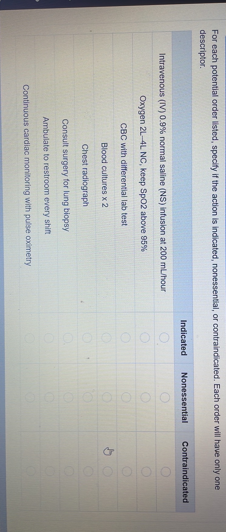 For each potential order listed, specify if