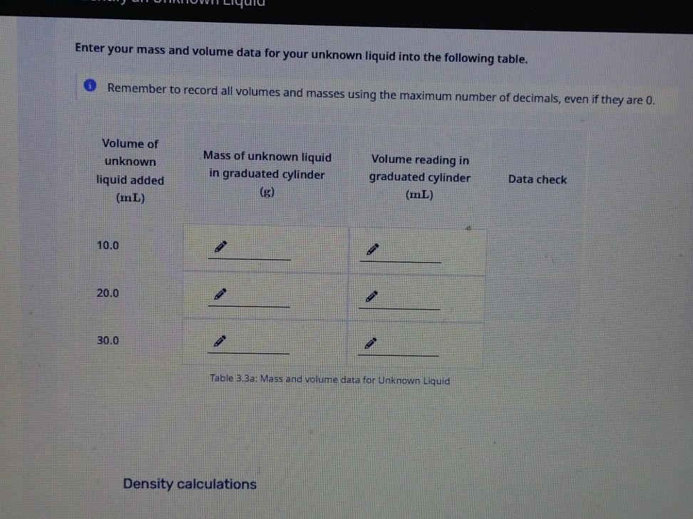 Enter your mass and volume data for your