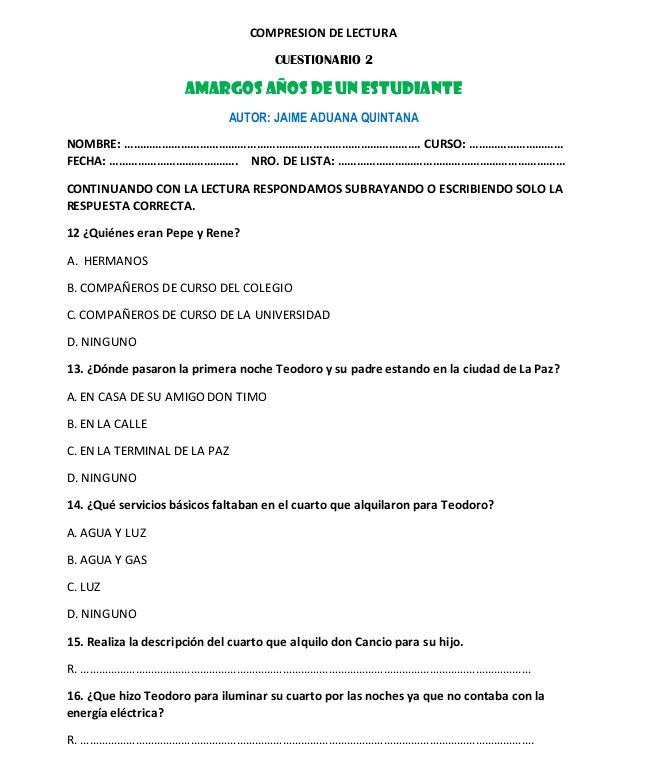 COMPRESION DE LECTURA CUESTIONARIO 2 AMARCOS | StudyX