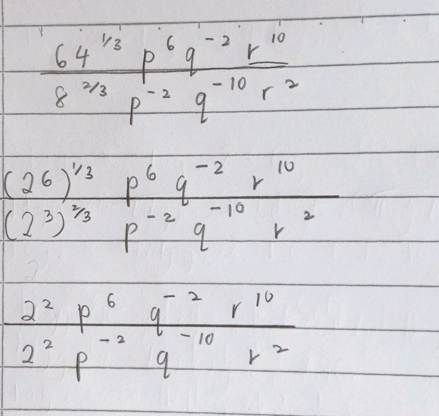 $ {64^{ {1}{3}} p^6 q^{-2} r^{10}}{8^{ | StudyX
