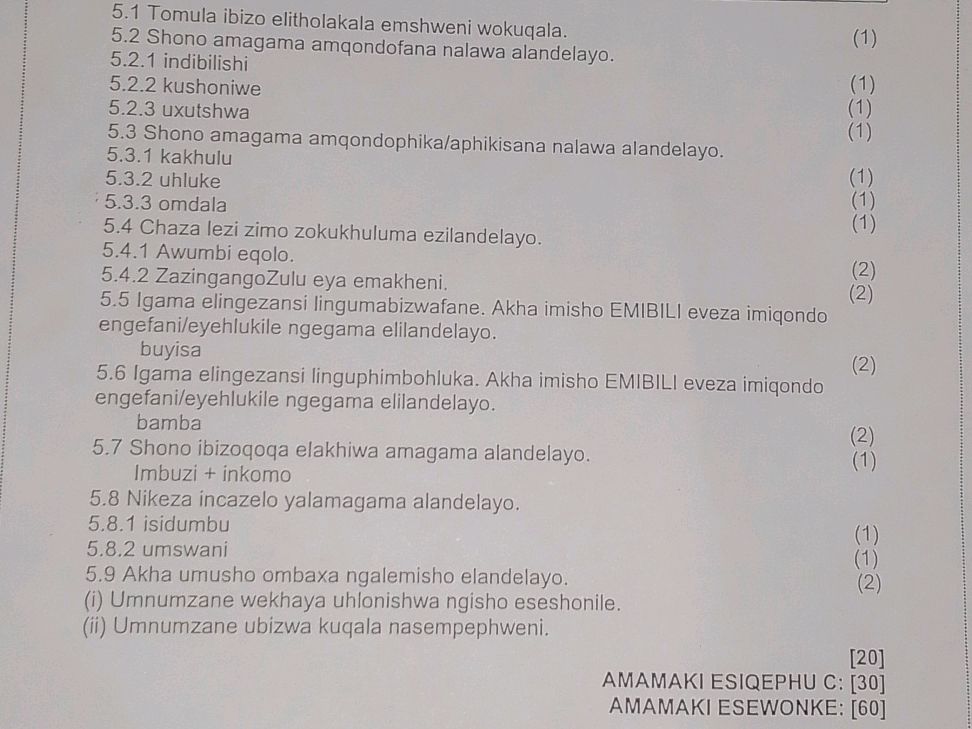 5.1 Tomula ibizo elitholakala emshweni