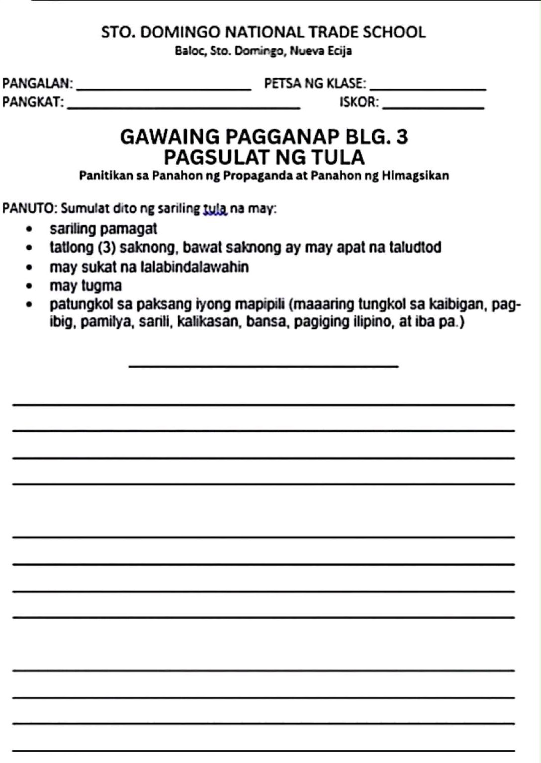 PANUTO: Sumulat dito ng sariling tula na | StudyX