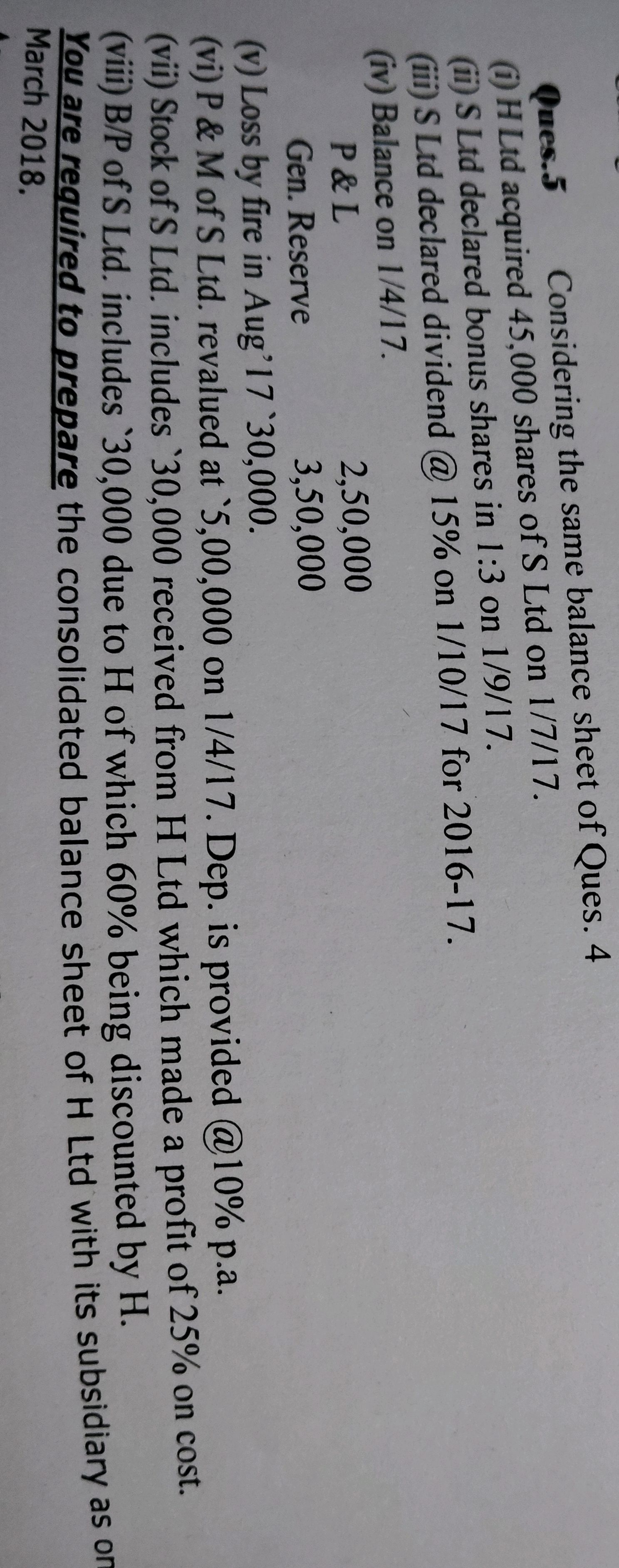 Ques.5 Considering the same balance sheet of | StudyX