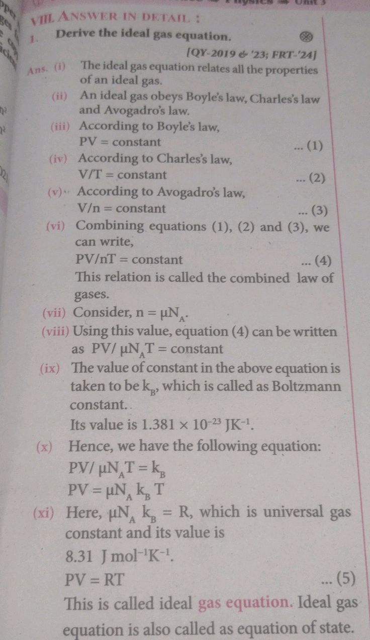 Derive the ideal gas equation. (i) The ideal