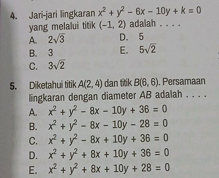 4. Jari-jari lingkaran $x^2 + y^2 - 6x - 10y | StudyX