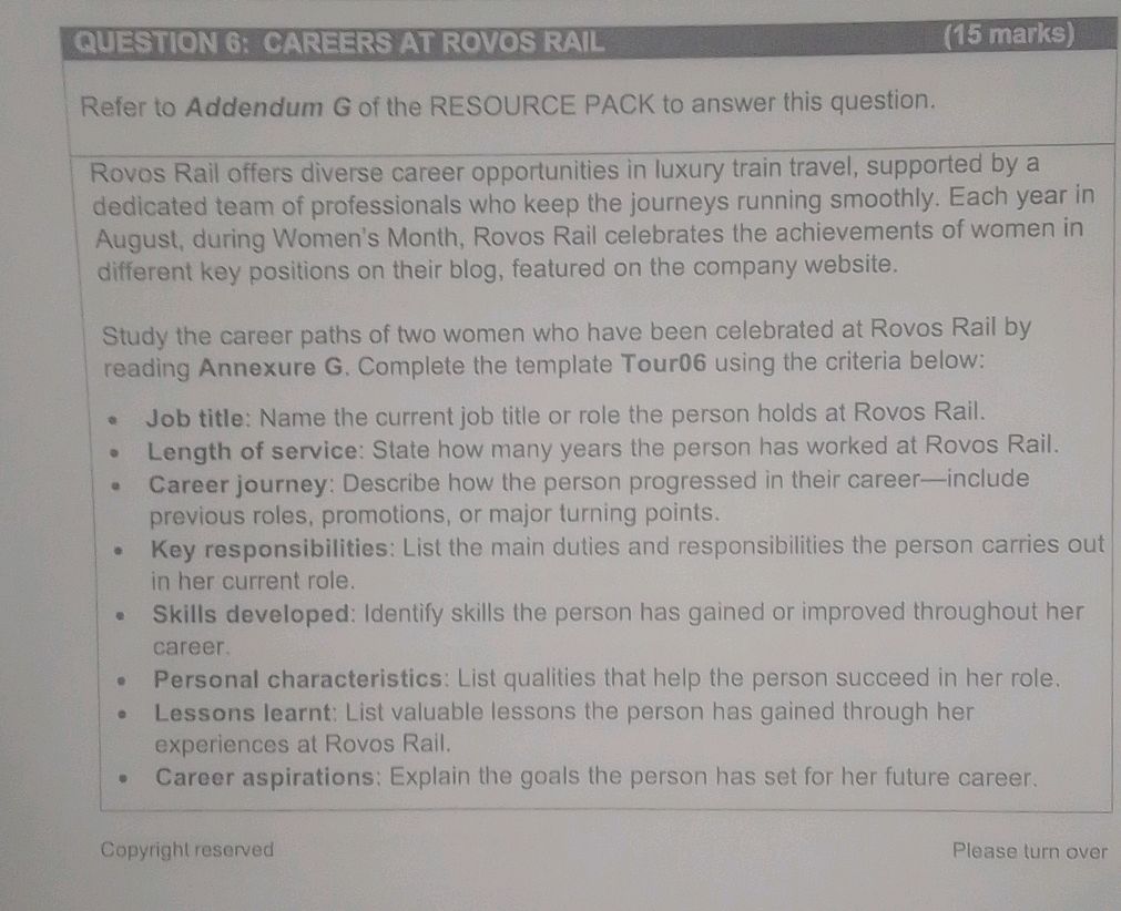 QUESTION 6: CAREERS AT ROVOS RAIL Refer to | StudyX