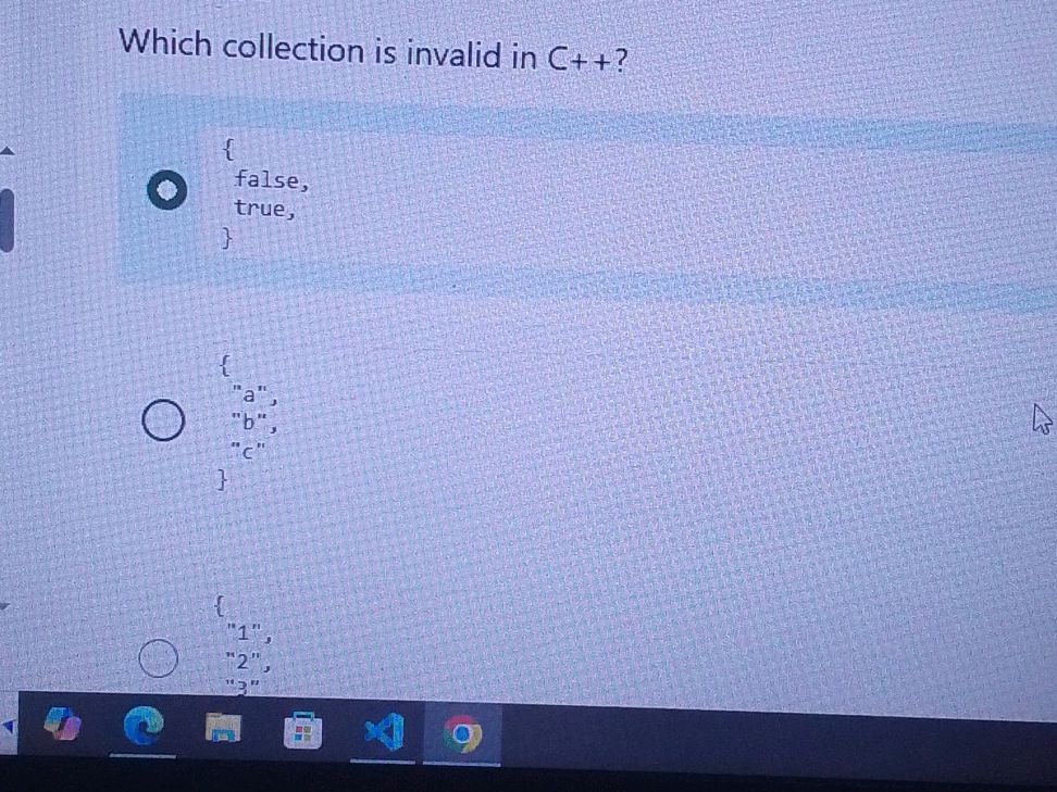 Which collection is invalid in C++? { | StudyX
