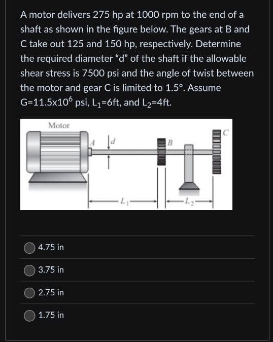 A motor delivers 275 hp at 1000 rpm to the