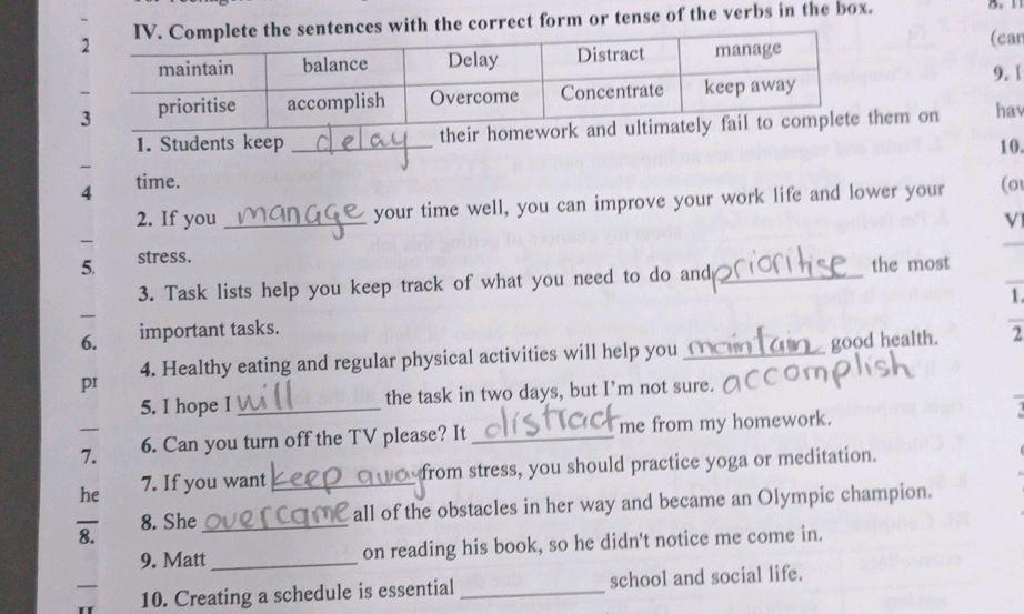IV. Complete the sentences with the correct | StudyX