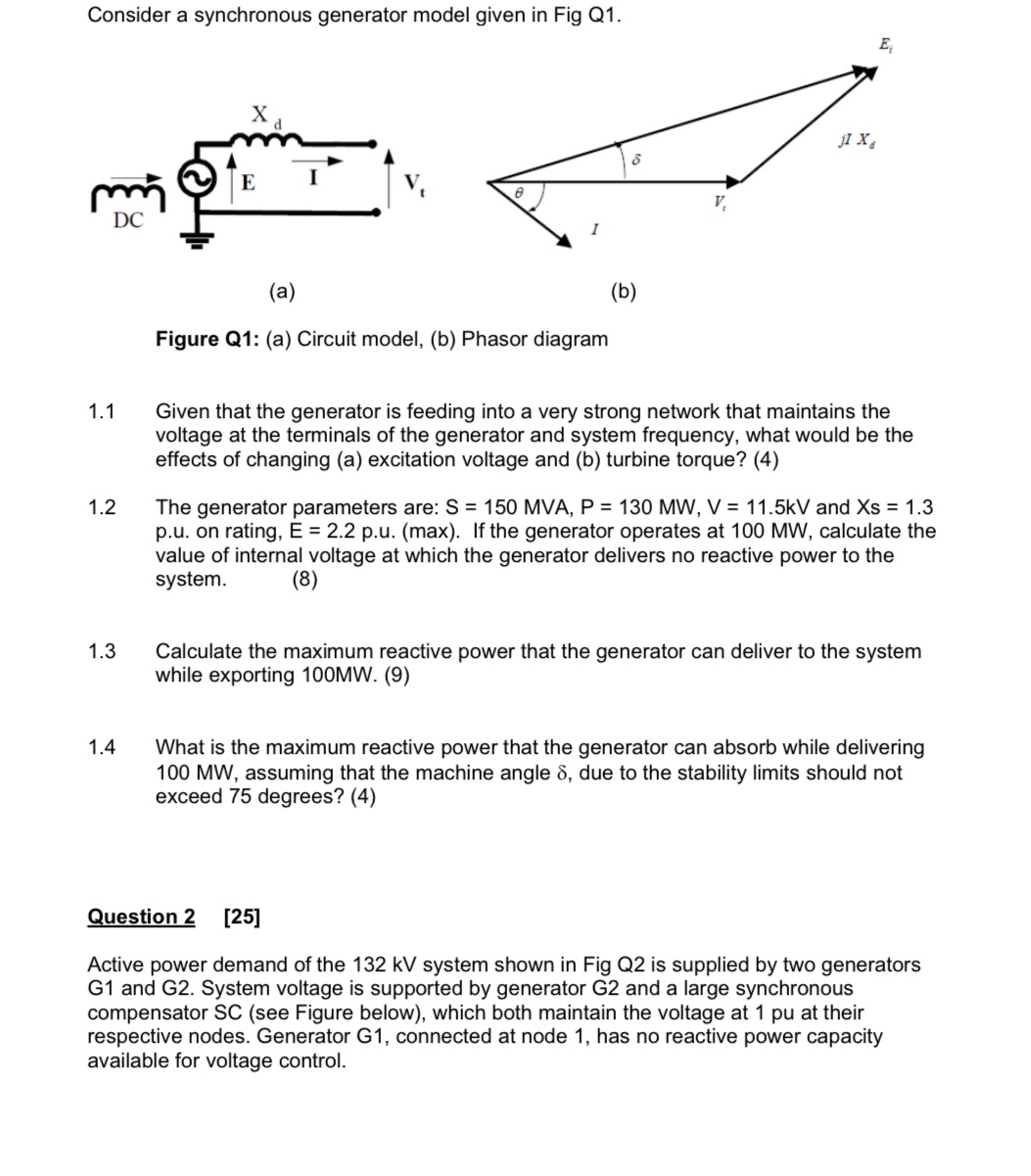 Consider a synchronous generator model given | StudyX