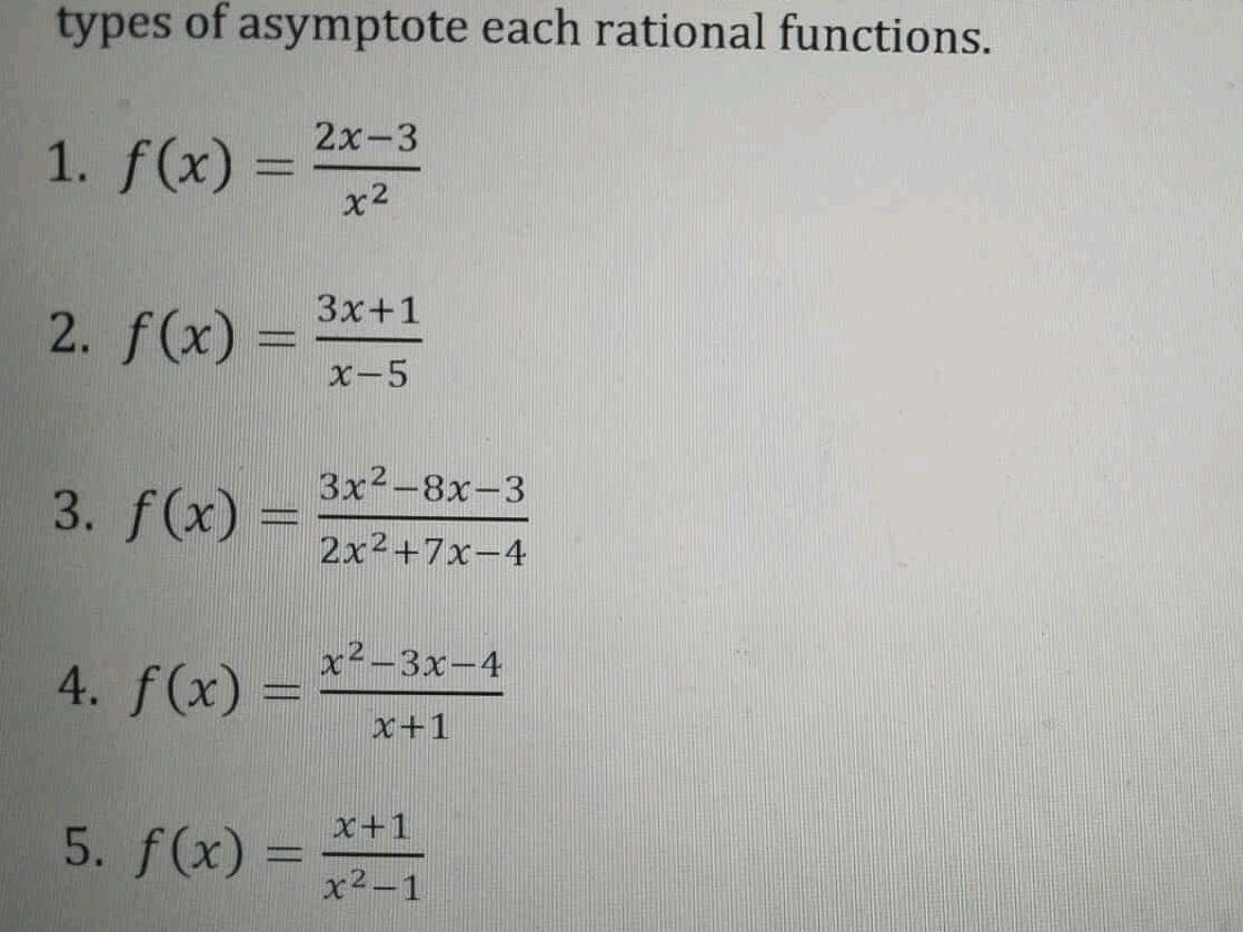 types of asymptote each rational functions. | StudyX