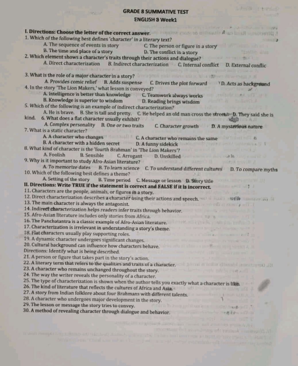 GRADE 8 SUMMATIVE TEST ENGLISH 8 Week1 I. | StudyX
