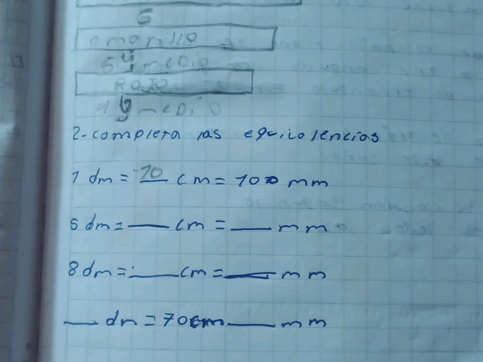 2-completa las equivalencias 1 dm = 70 cm = | StudyX