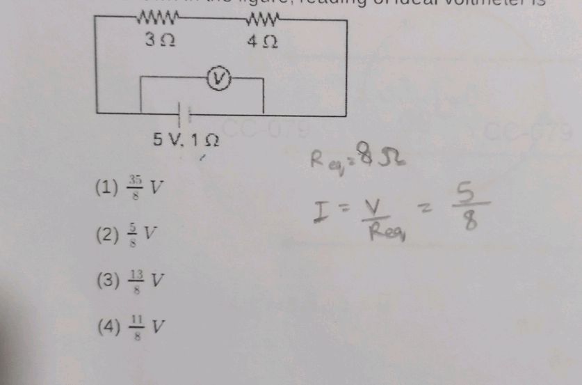 In the figure, reading of ideal voltmeter is