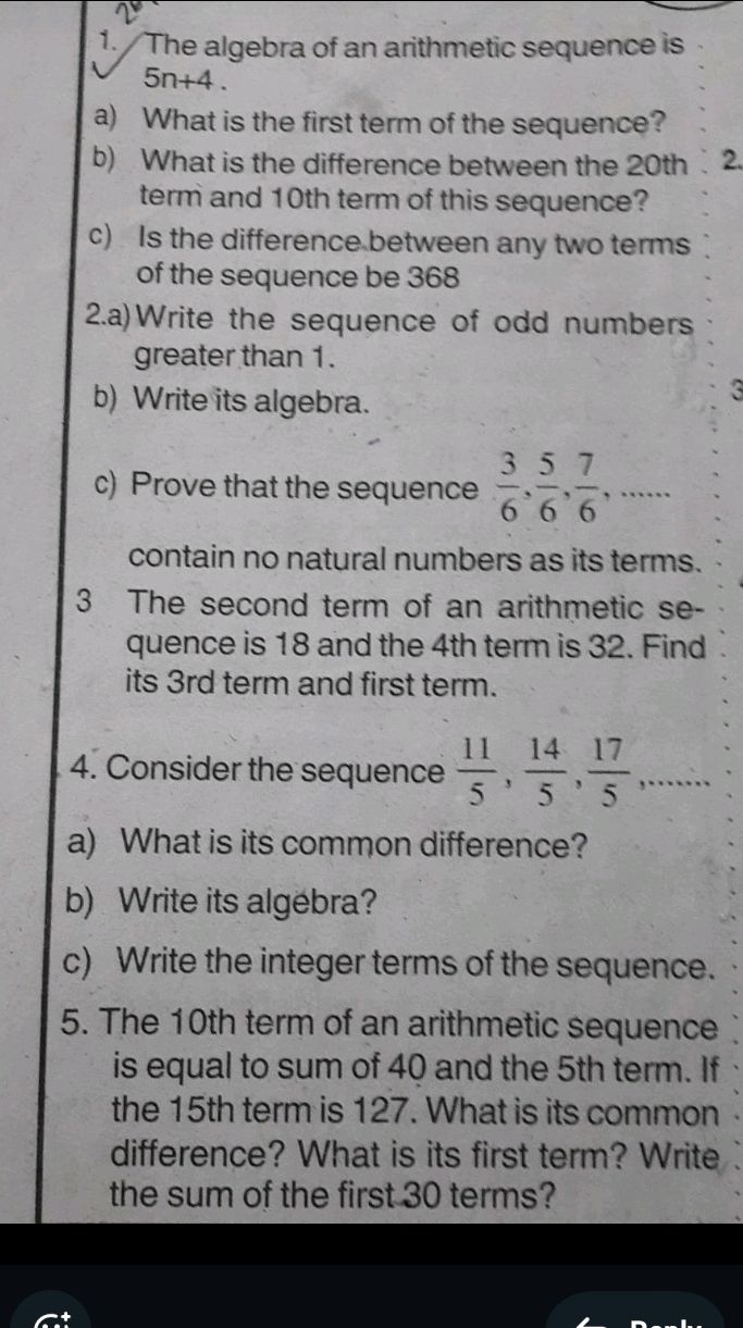 1. The algebra of an arithmetic sequence is | StudyX