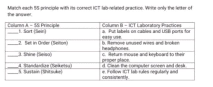 Match each 5S principle with its correct ICT