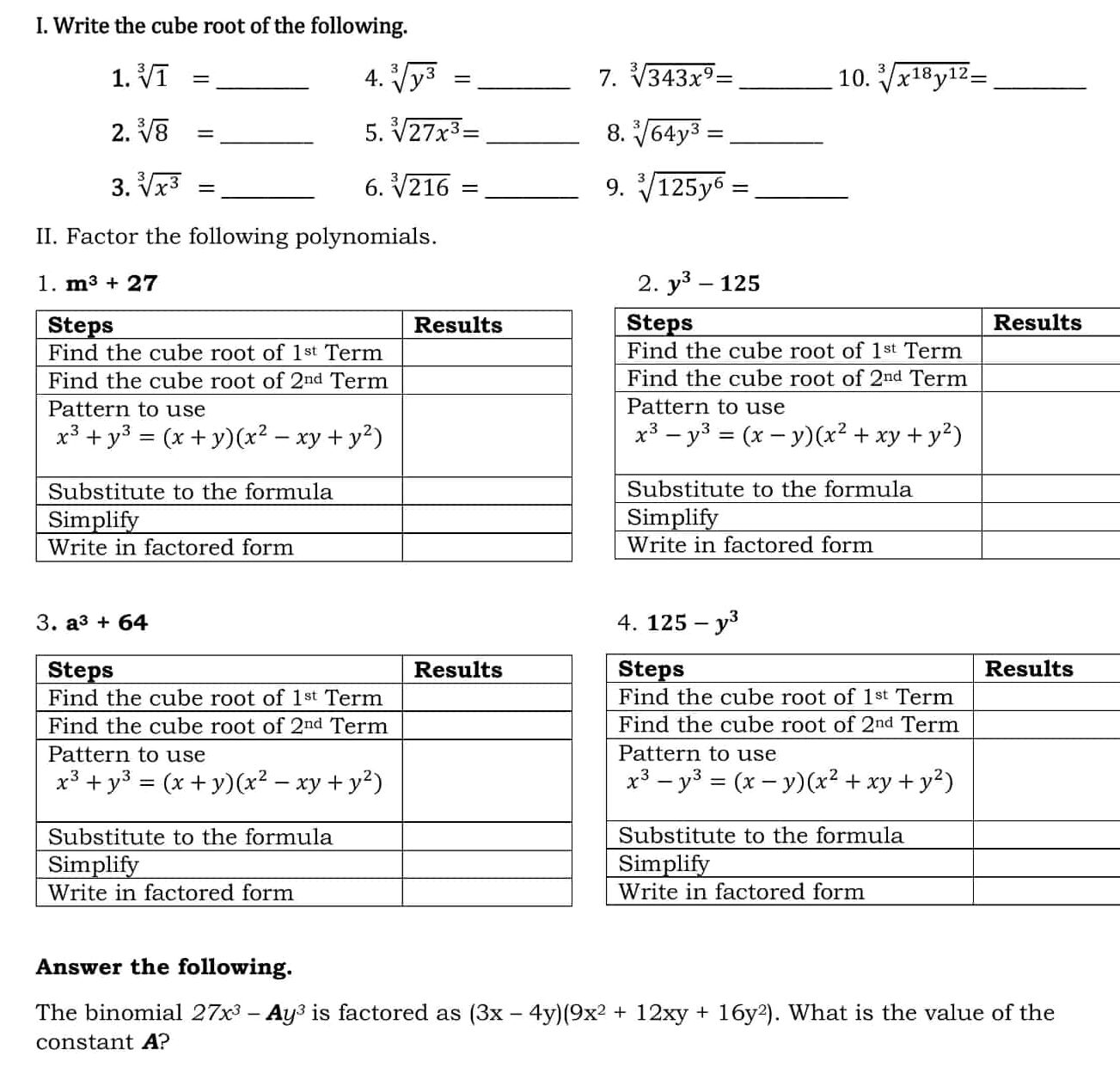 I. Write the cube root of the following. 1.