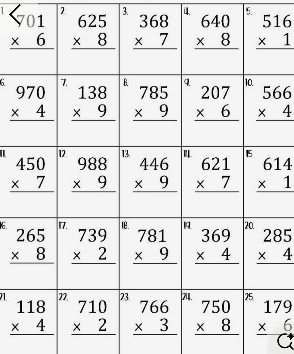 701 x 6 2. 625 x 8 3. 368 x 7 4. 640 x 8 5.