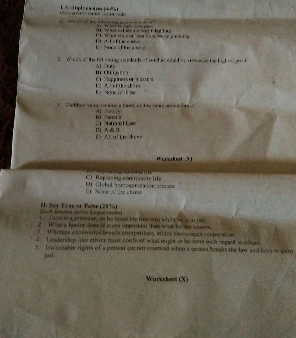 1. Multiple choices (40%) (Each question | StudyX