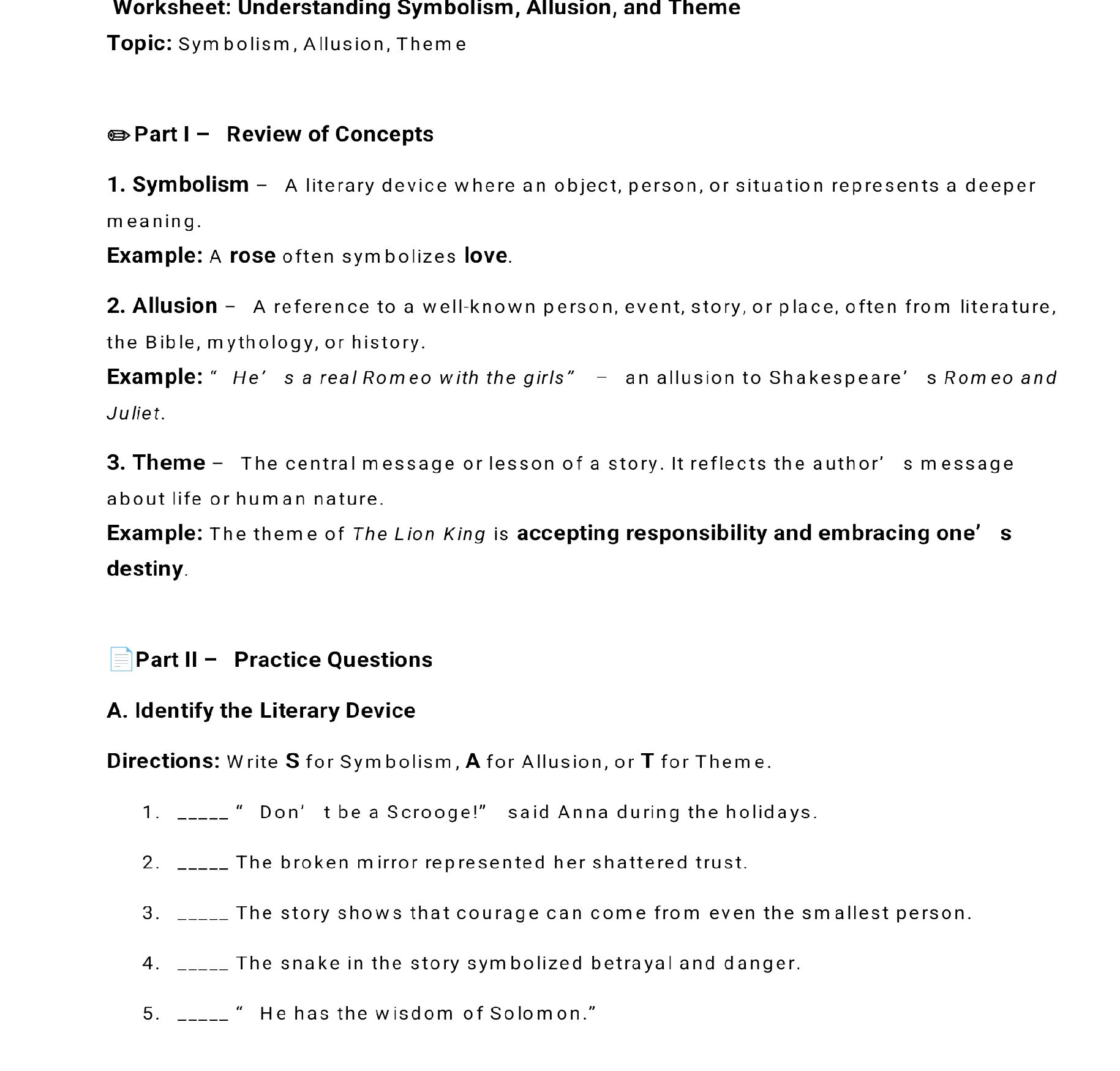 Directions: Write S for Symbolism, A for | StudyX