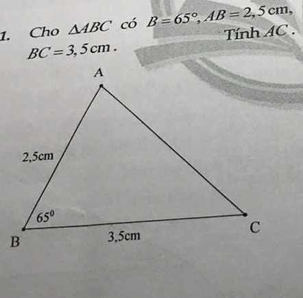 1. Cho \( ABC\) có \(B = 65^ , AB = 2,5 cm, | StudyX