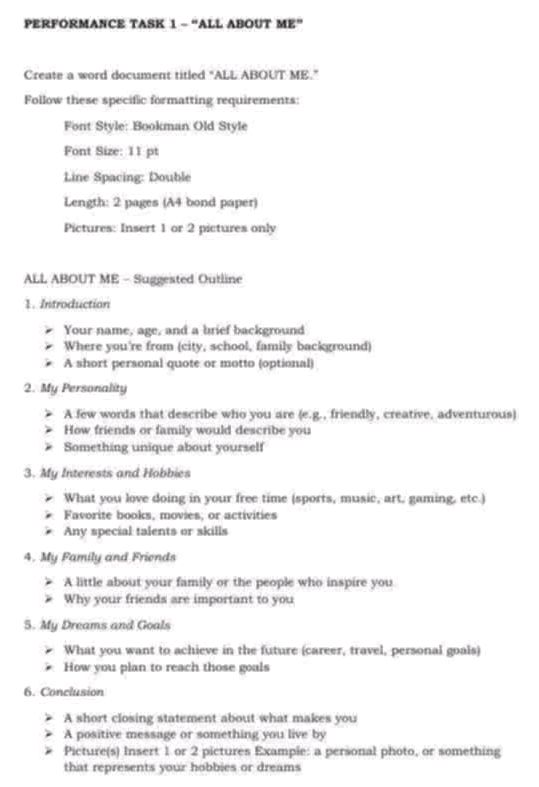 PERFORMANCE TASK 1 - "ALL ABOUT ME" Create | StudyX