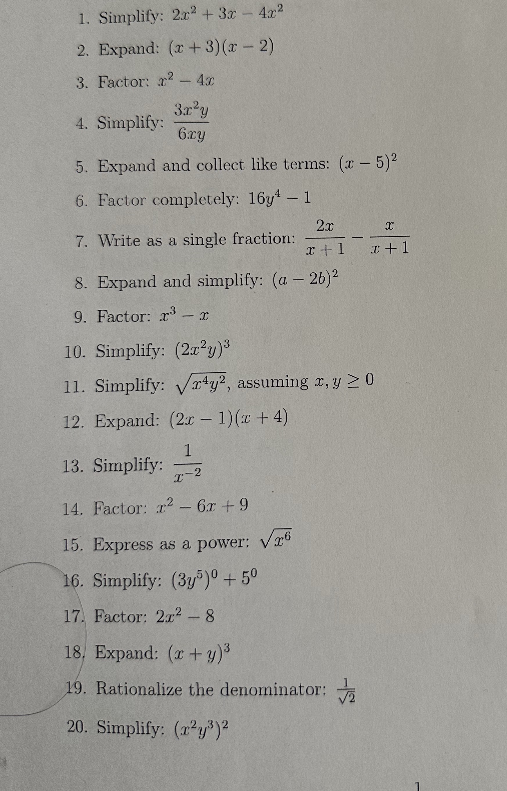 1. Simplify: $2x^2 + 3x - 4x^2$ 2. Expand: | StudyX