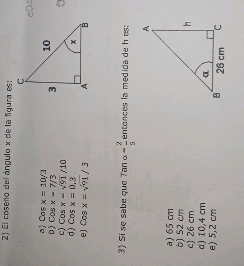 2) El coseno del ángulo x de la figura es: | StudyX