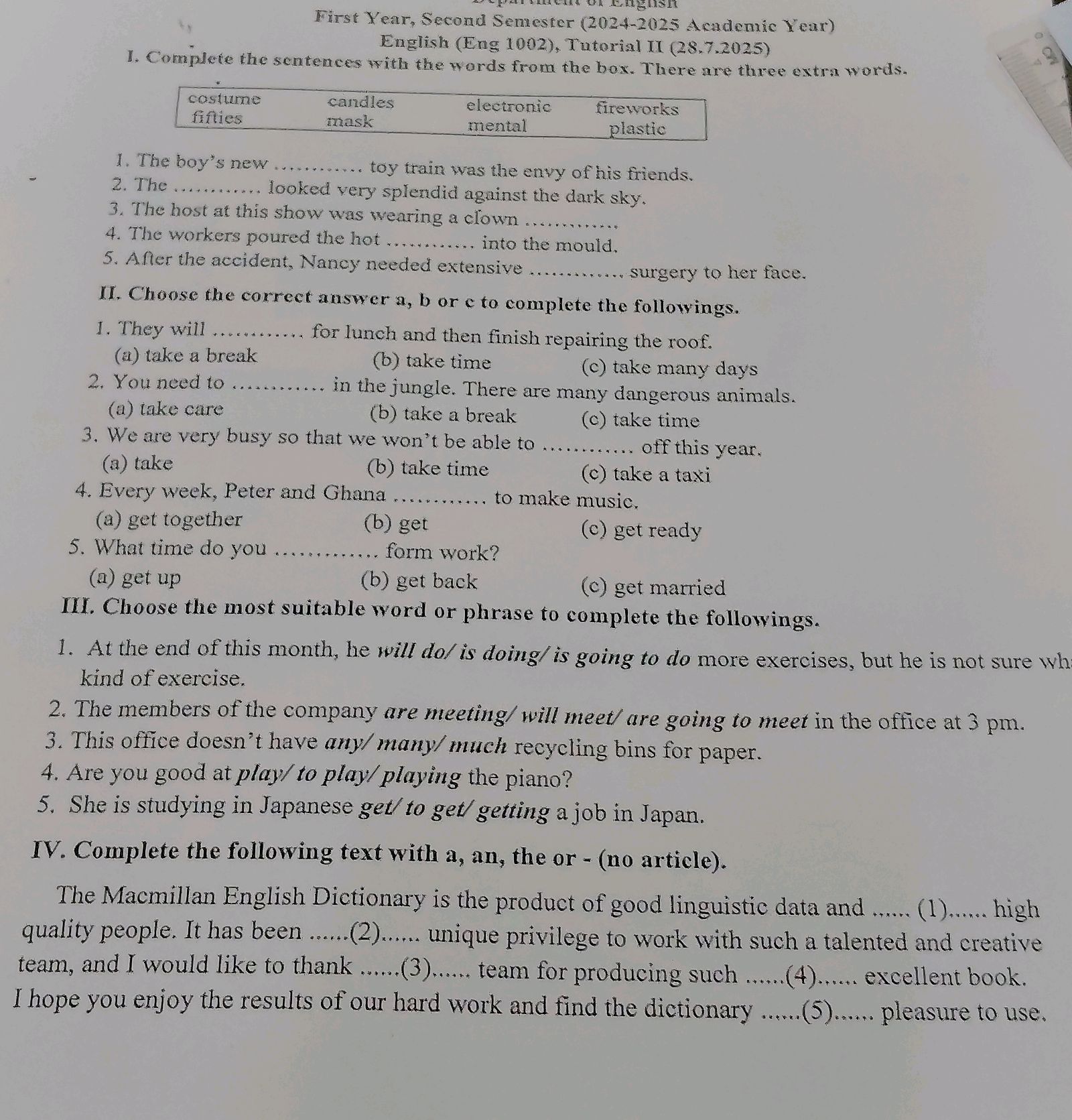 I. Complete the sentences with the words | StudyX