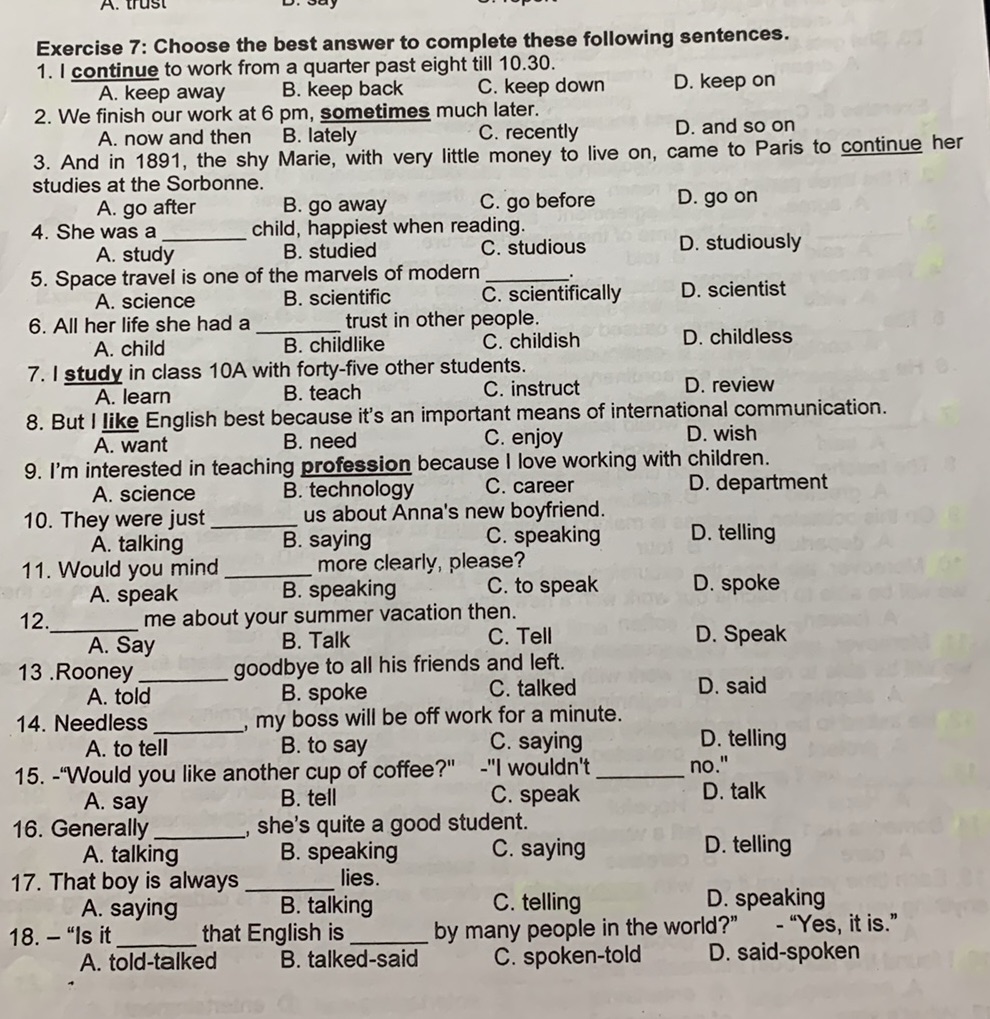Exercise 7: Choose the best answer to | StudyX