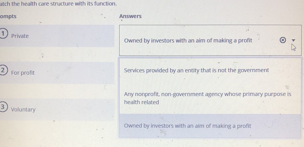 Match the health care structure with its