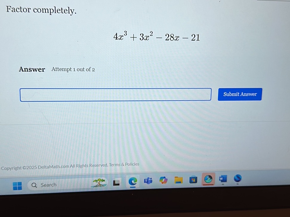 Factor completely. $4x^3 + 3x^2 - 28x - 21$ | StudyX