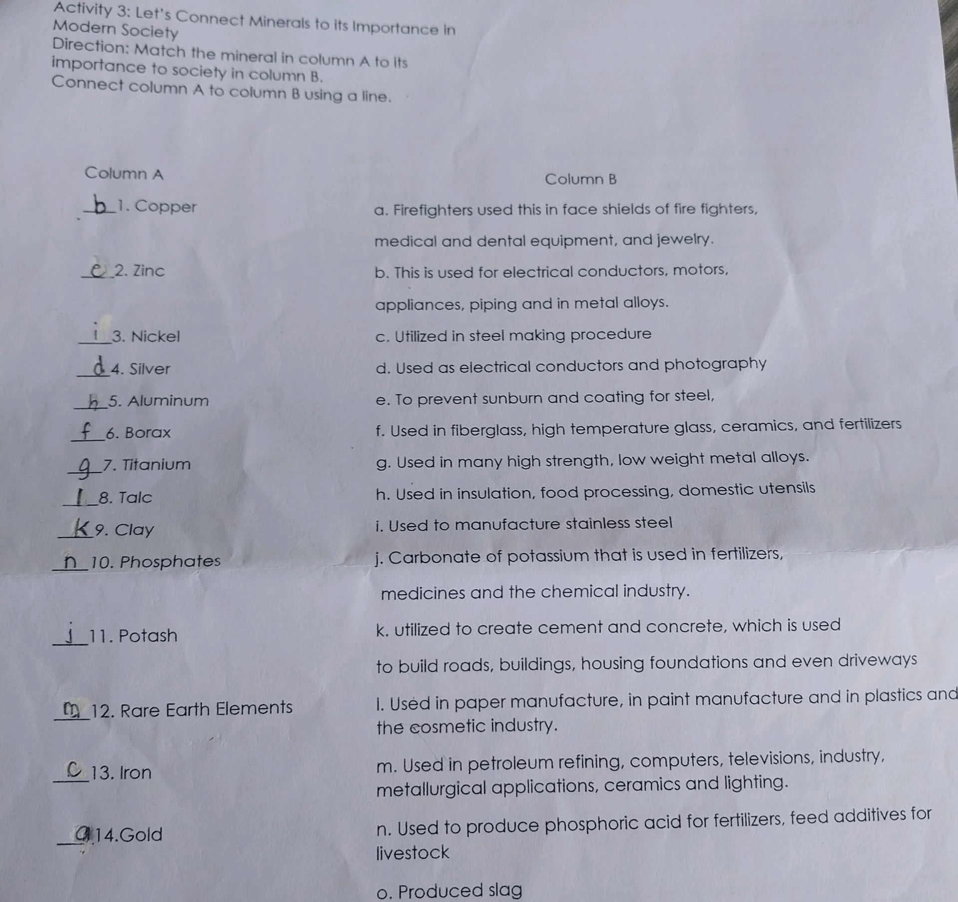 Activity 3: Let's Connect Minerals to its | StudyX