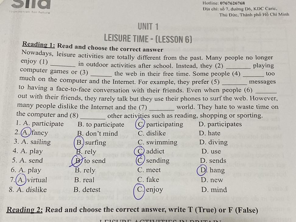 Reading 1: Read and choose the correct
