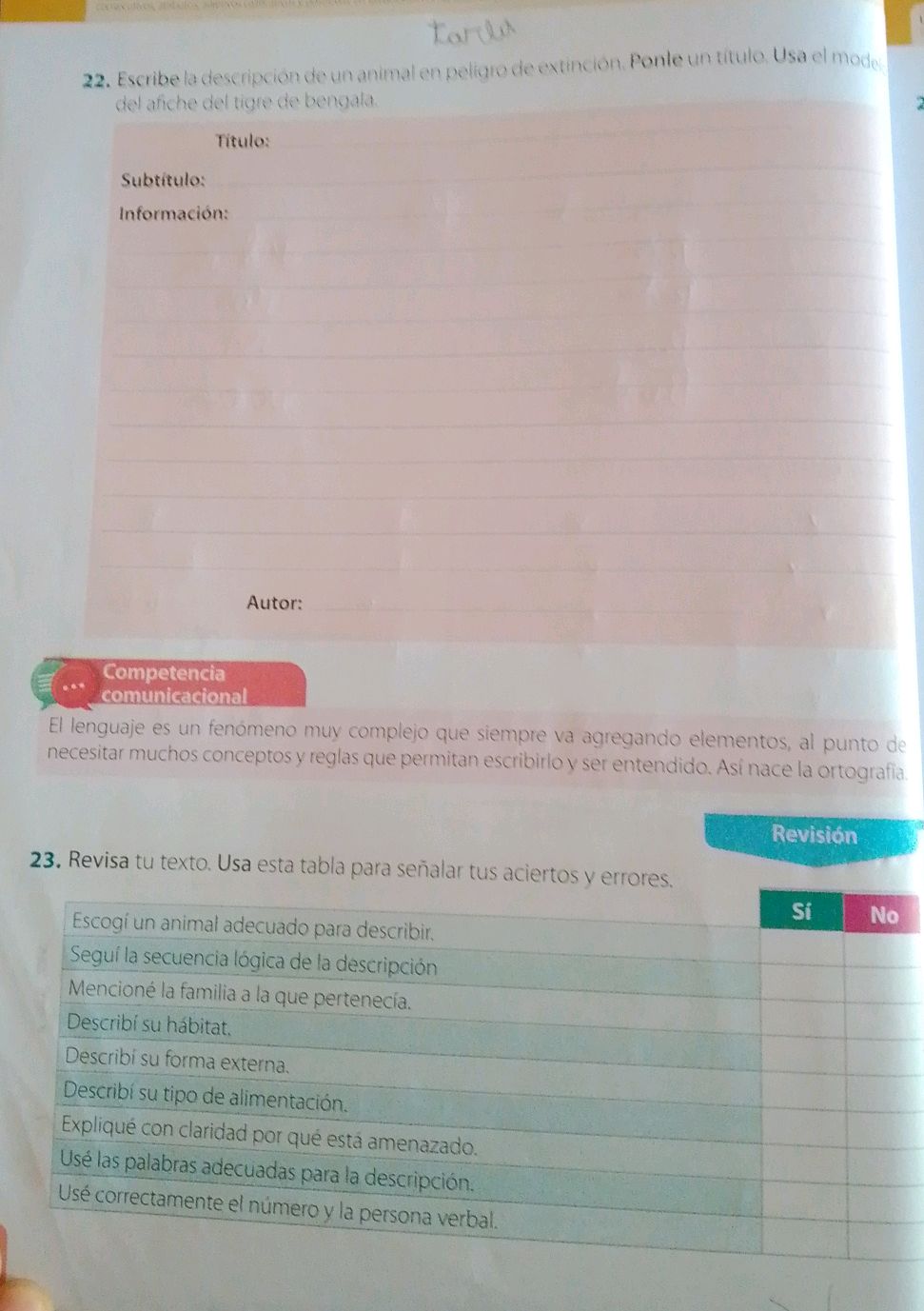 22. Escribe la descripción de un animal en | StudyX