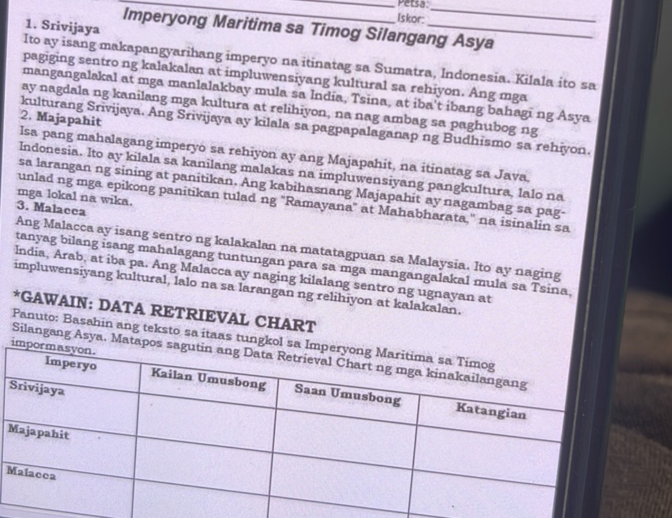 *GAWAIN: DATA RETRIEVAL CHART Panuto: | StudyX