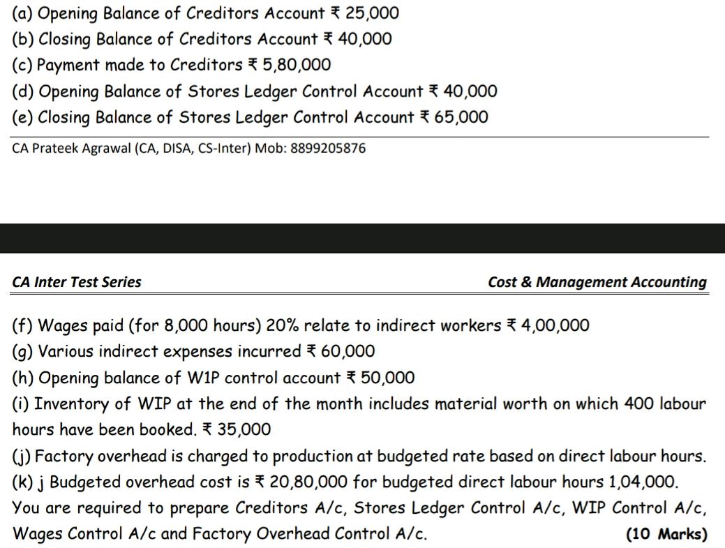(a) Opening Balance of Creditors Account