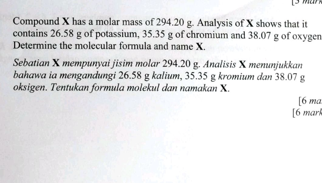 Compound X has a molar mass of 294.20 g.
