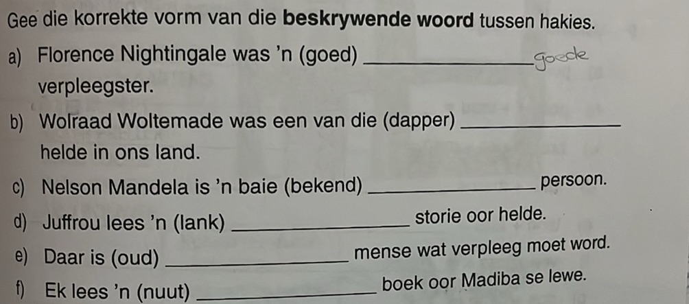 Gee die korrekte vorm van die beskrywende | StudyX